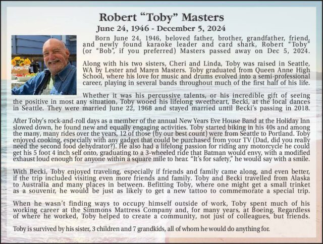 Robert “Toby” Masters | Obituary | Kent Reporter