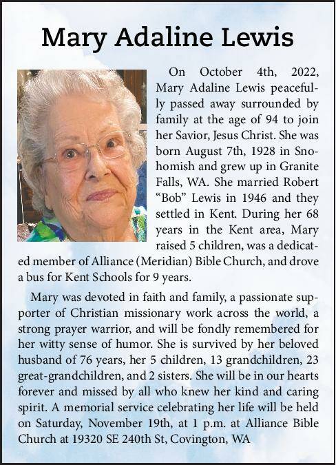 Mary Adaline Lewis | Obituary | Kent Reporter