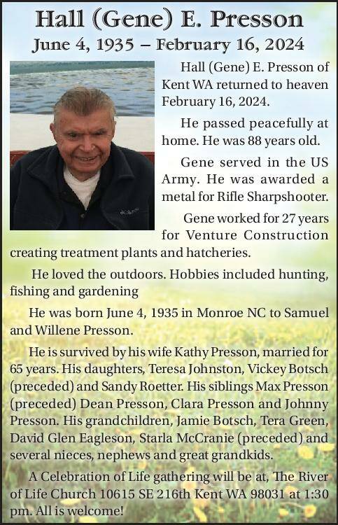 Hall (Gene) E. Presson | Obituary | Kent Reporter