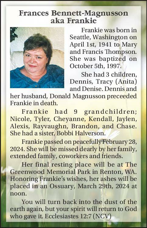 Frances Bennett-Magnusson (aka Frankie) | Obituary | Kent Reporter