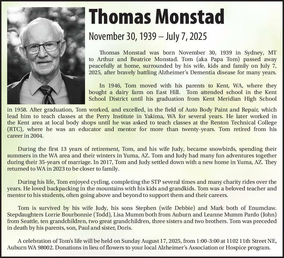 Thomas Monstad | Obituary | Kent Reporter